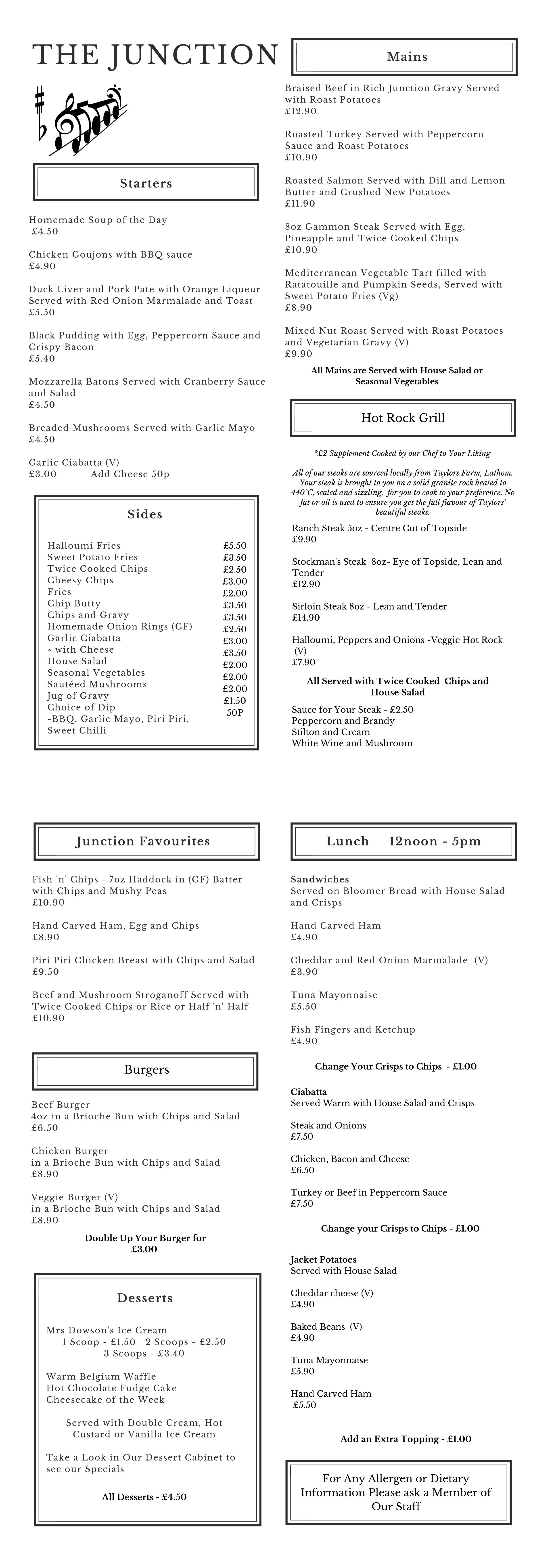 Our Menus – Junction Pub Rainford