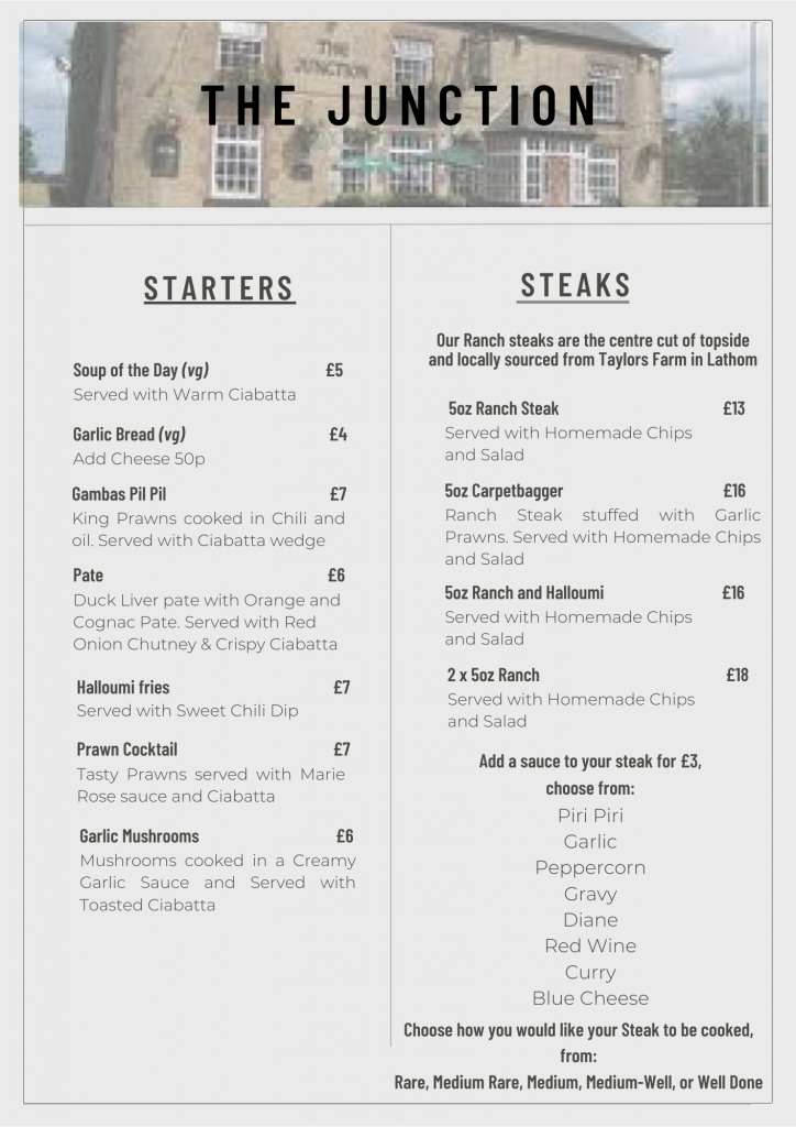 Our Menus – Junction Pub Rainford