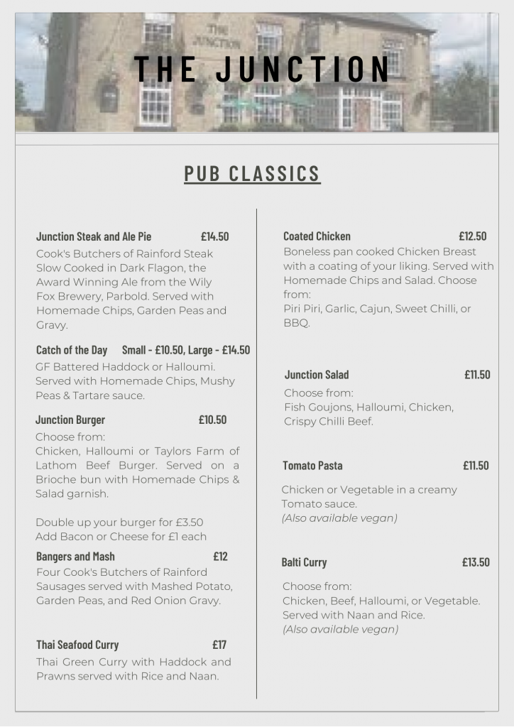 Our Menus – Junction Pub Rainford